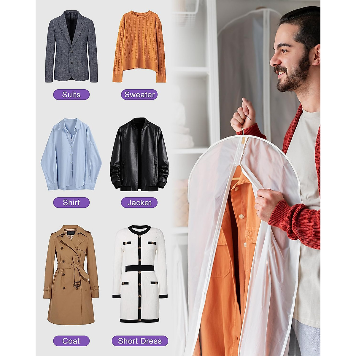 Clear Garment Bags for Hanging Clothes 12 Packs Suit Bags for Closet Storage Hanging Clothes Plastic Garment Bags Dress Bag for Suits, Coats 24'' x 40''