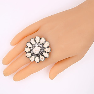 Elosee Western Style Antique Silver Turquoise Stone Concho Statement Stretch Ring (Turquoise)