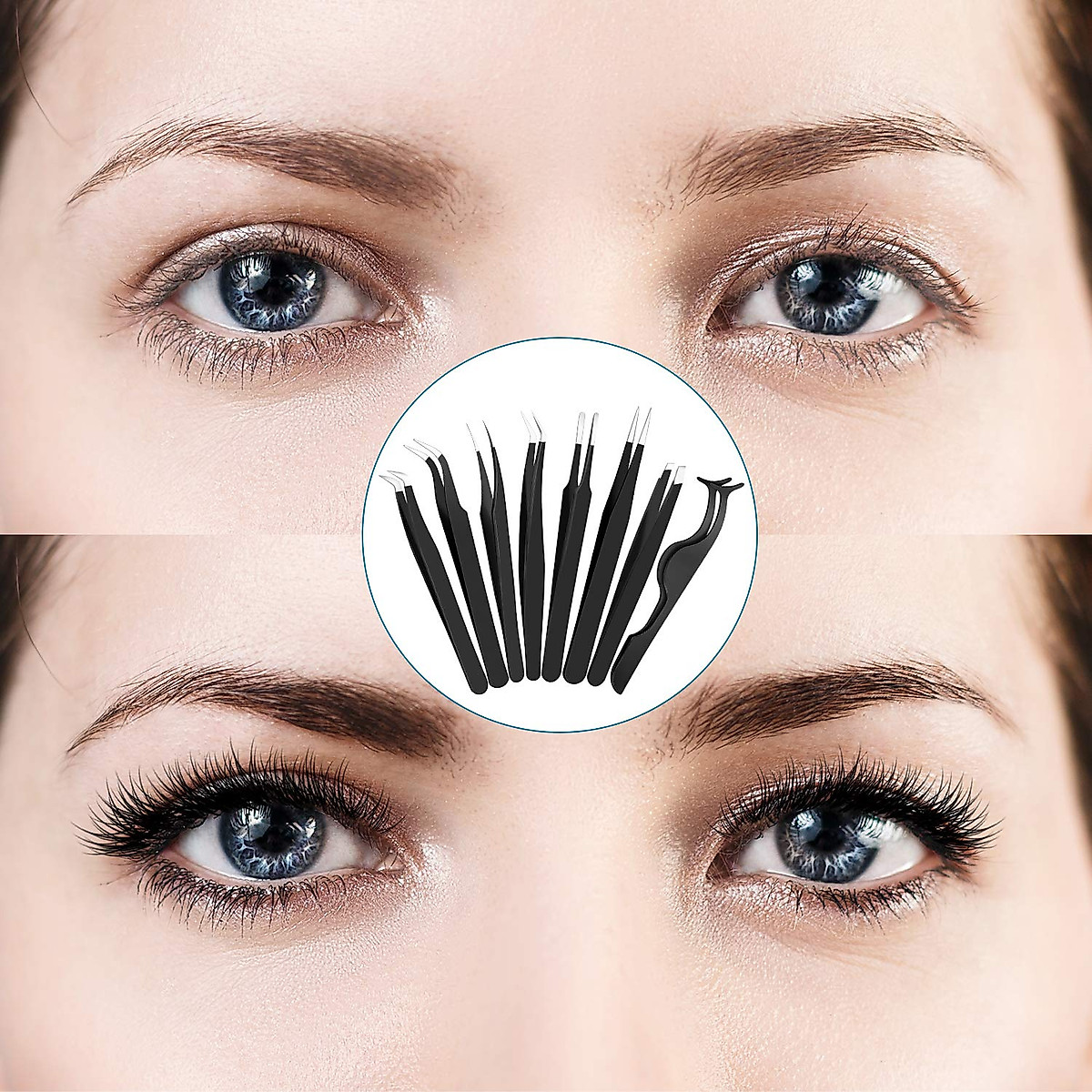 8 Pieces Eyelash Extension Tweezers Set Straight and Curved Tip False Lash Tweezers Eyelash Applicator Tool Stainless Steel Precision Tweezers for Eyelash Extension with Velvet Bag (Black)