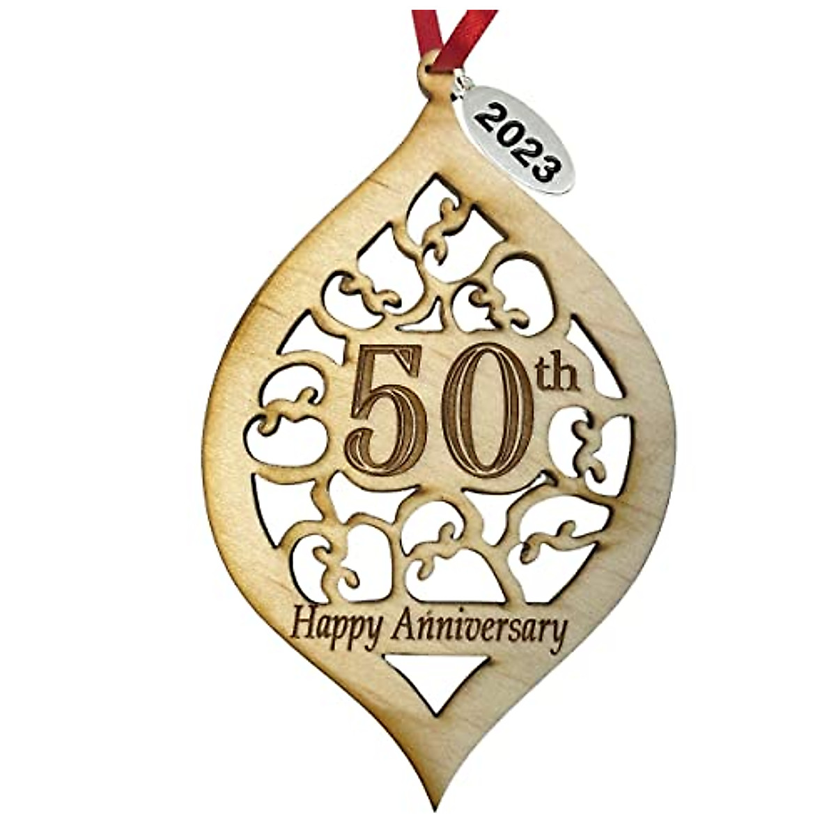 50th Anniversary Ornament 2023 - Happy Anniversary Ornament, Beautiful Laser Cut Wood Detail - Comes in a Gift Box so It's Ready for Giving (50th Anniversary 2023)