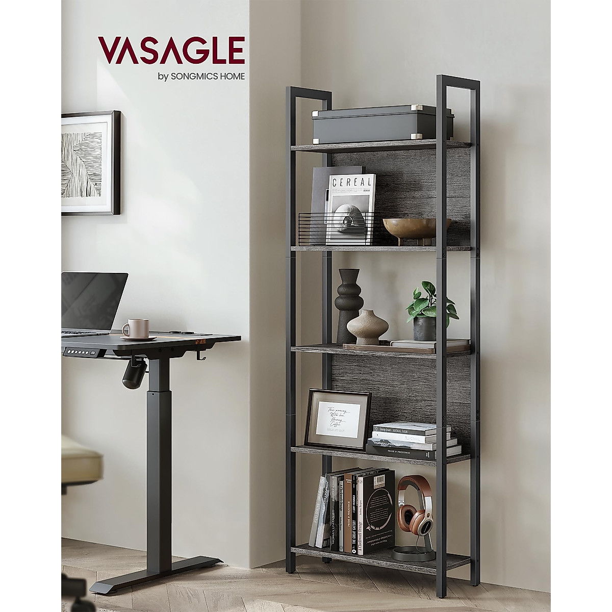 VASAGLE 5-Tier Bookshelf, Book Shelf, Industrial Bookcase, with Steel Frame, for Living Room, Home Office, Bedroom, 9.4 x 24.4 x 65 Inches, Charcoal Gray and Black ULLS025B04