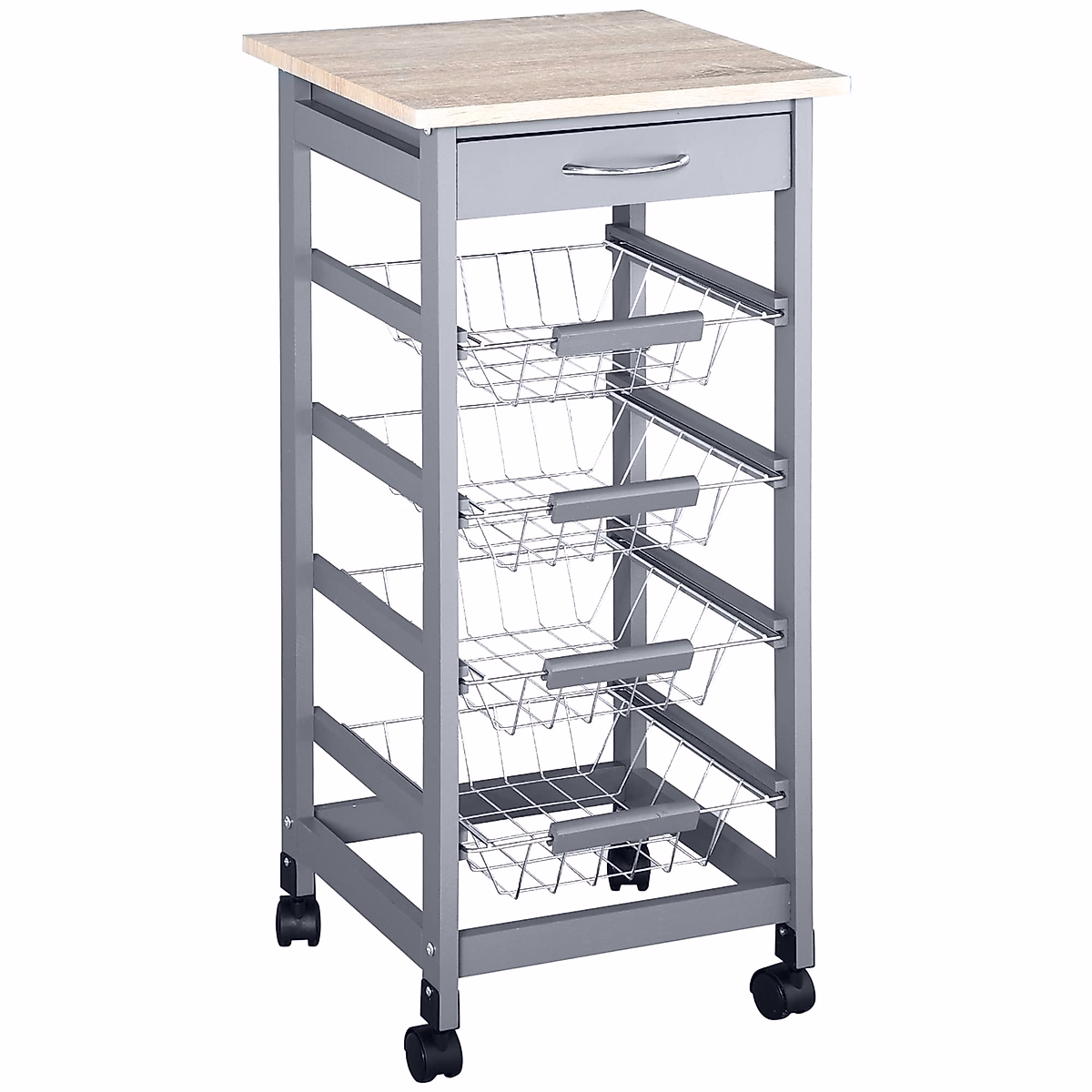 HOMCOM Mobile Kitchen Cart, Rolling Kitchen Island with Storage, Solid Wood Frame Utility Cart with Wire Fruit Baskets and Drawer, Gray