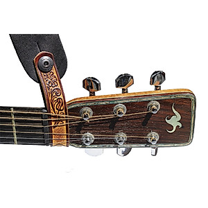 Walker & Williams AT-2 Brown Carving Leather Acoustic Guitar Strap Button Headstock Adaptor For Acoustic, Electric, And Bass Guitars