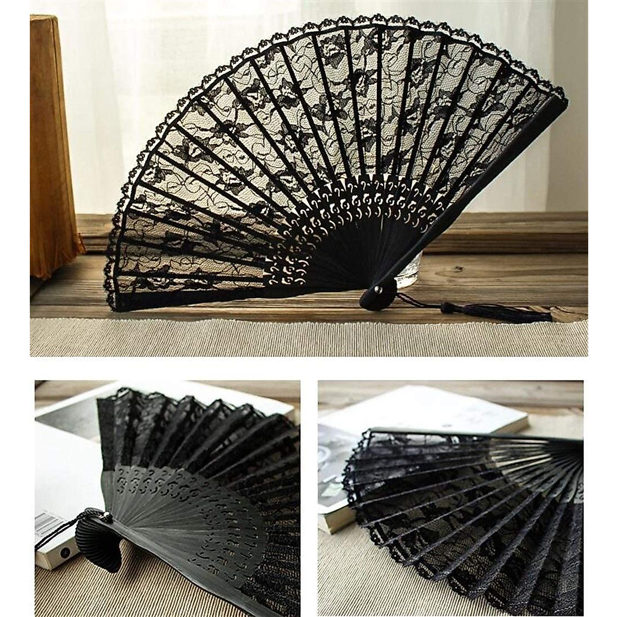 RAN 8.7" Lace Floral Folding Hand Fans - Womens Handmade Black Imitated Silk Fabric Lace Hand Fan, Bamboo Folded Fans (Color : Black, Size : 8.7")