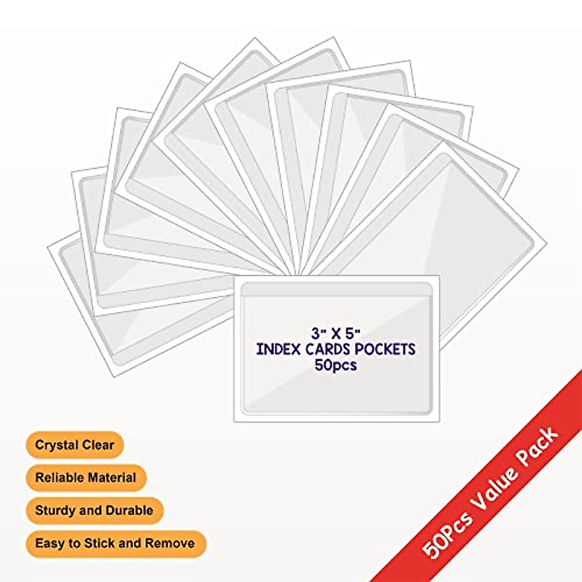 Clear Adhesive 3" x 5" Index Card Pockets with Top Open for Loading, 50 Pack, Plastic Labels Holders for Storage Bins and Library Card, Ideal Card Holder for Organizing and Protecting Your Index Cards