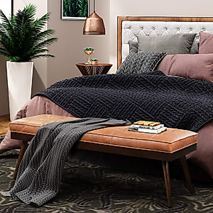 POLY & BARK 55" Tufted Leather Bed Bench for Bedroom End of Bed - Living Room Entry Way Bench - Pure Italian Leather Upholstery with a Solid Wood Frame - Ottoman Bench with Wooden Legs - Cognac Tan