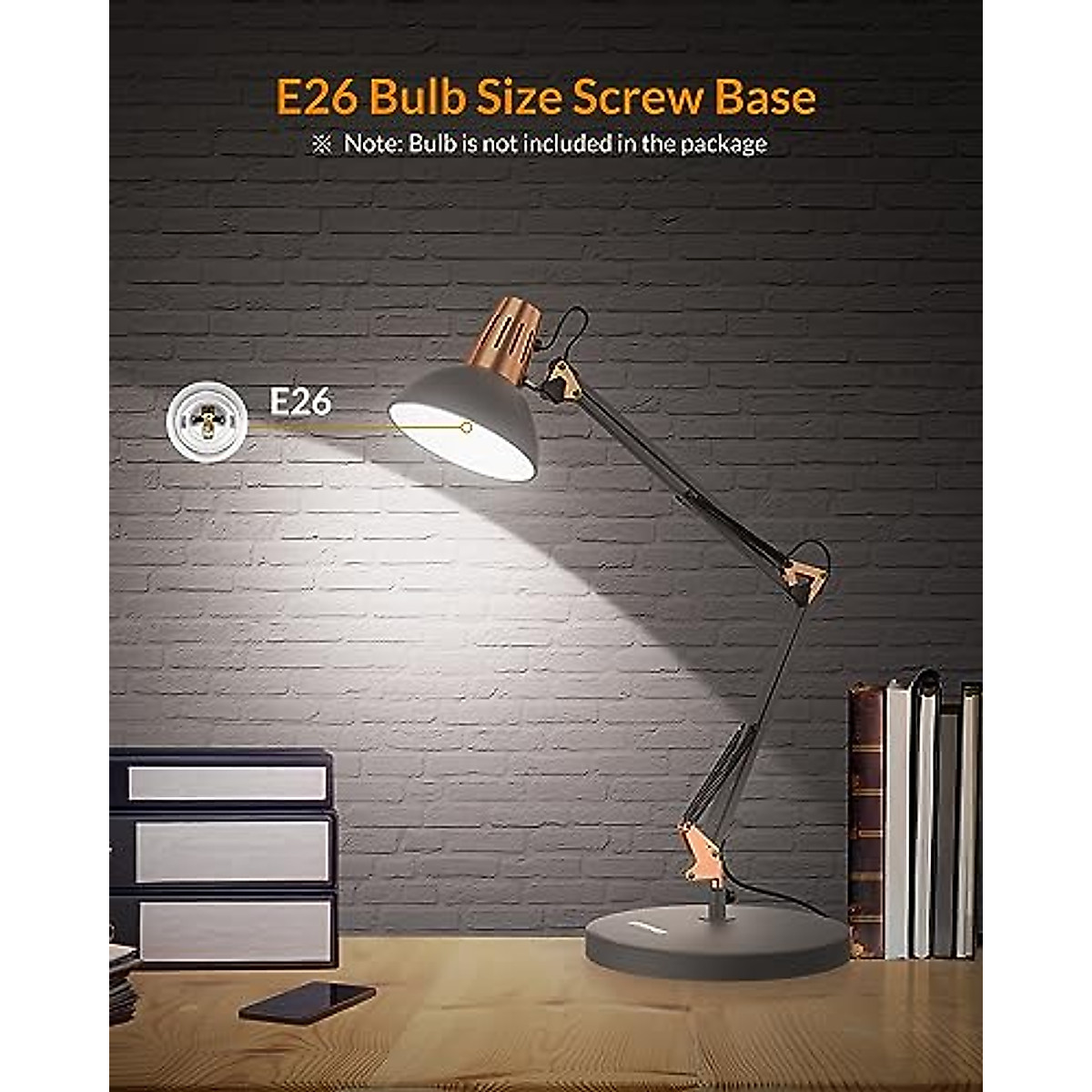 LEPOWER Metal Desk Lamp, Adjustable Goose Neck Architect Table Lamp with On/Off Switch, Swing Arm Desk Lamp with Clamp, Eye-Caring Reading Lamp for Bedroom, Study Room &Office (Sandy Black)