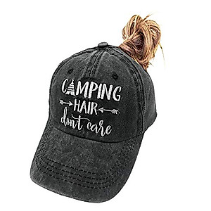 MANMESH HATT Camping Hair Don't Care Ponytail Hat Vintage Washed Distressed Baseball Dad Cap for Women (Black, One Size)