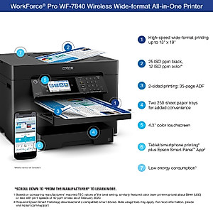 Epson Workforce Pro WF-7840 Wireless Wide-Format All-in-One Color Inkjet Printer, Black - Print Scan Copy Fax - 4.3" LCD, 25 ppm, 4800x2400 dpi, 13"x19", 50-Sheet ADF, Auto 2-Sided Printing, Ethernet