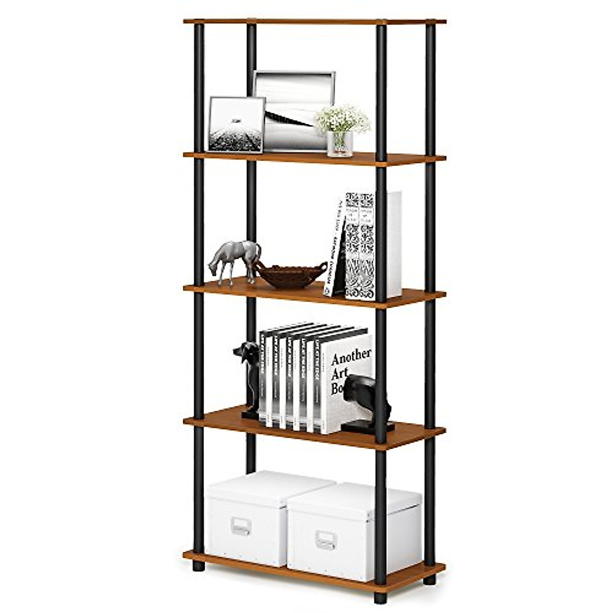 Furinno Turn-N-Tube 5-Tier Multipurpose Shelf / Display Rack / Storage Shelf / Bookshelf, Round Tubes, Light Cherry/Black