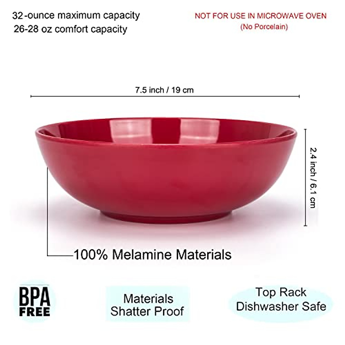 KOXIN-KARLU Melamine Bowls, 7.5-inch Pasta Bowls Salad Bowl, set of 6 in 6 Assorted Colors