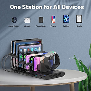 Multi USB Charging Station Unitek 96W 10 Ports Fast Charging Dock with 2 QC 3.0 & 2 PD 18W Charger Station Organizer for Multiple Devices Designed for iPad, iPhone, Tablet, iwatch, Laptop