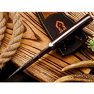 Handmade Damascus Hunting Knife with Sheath for Belt – 10 inches Fixed Blade full tang 1095 steel knife with Green Micarta Handle