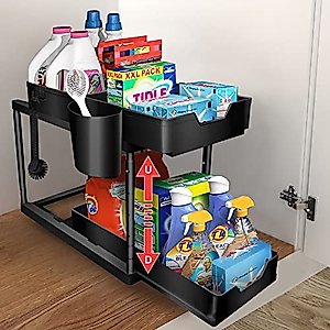 DIHUMK Under Sink Organizers and Storage for Bathroom Kitchen Cabinet 2 Tier Pull Out Double Shelf Drawer Black