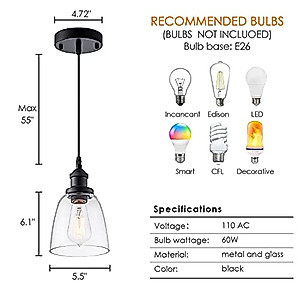 IMPIOIO Pendant Light Over Island Hanging Lighting Industrial Clear Glass Adjustable Cord for Sink Kitchen Island Dining Room, Black, 1 Pack