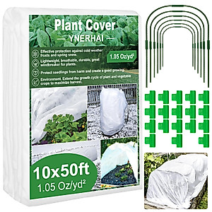 YNERHAI Plant Covers Freeze Protection Kit with 6 Pcs Garden Hoops & Clips, 10 ft x 50 ft Garden Frost Cloth Plant Covers for Winter Protection, Floating Row Cover Frost Blankets (1.05 Oz/yd²)