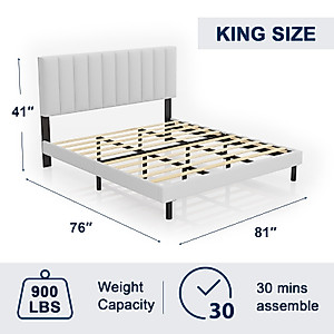 Molblly King Size Bed Frame Upholstered Platform with Headboard and Strong Wooden Slats,Mattress Foundation,Non-Slip,No Box Spring Needed, Easy Assembly, White
