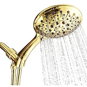 Aquarius Gold Shower Head With Handheld Sprayer, 6 Spray Settings High Pressure Polished Brass Shower Head With Hose (Extra Long) & Adjustable Brass Ball Bracket Kit, Shower Head Gold Finish