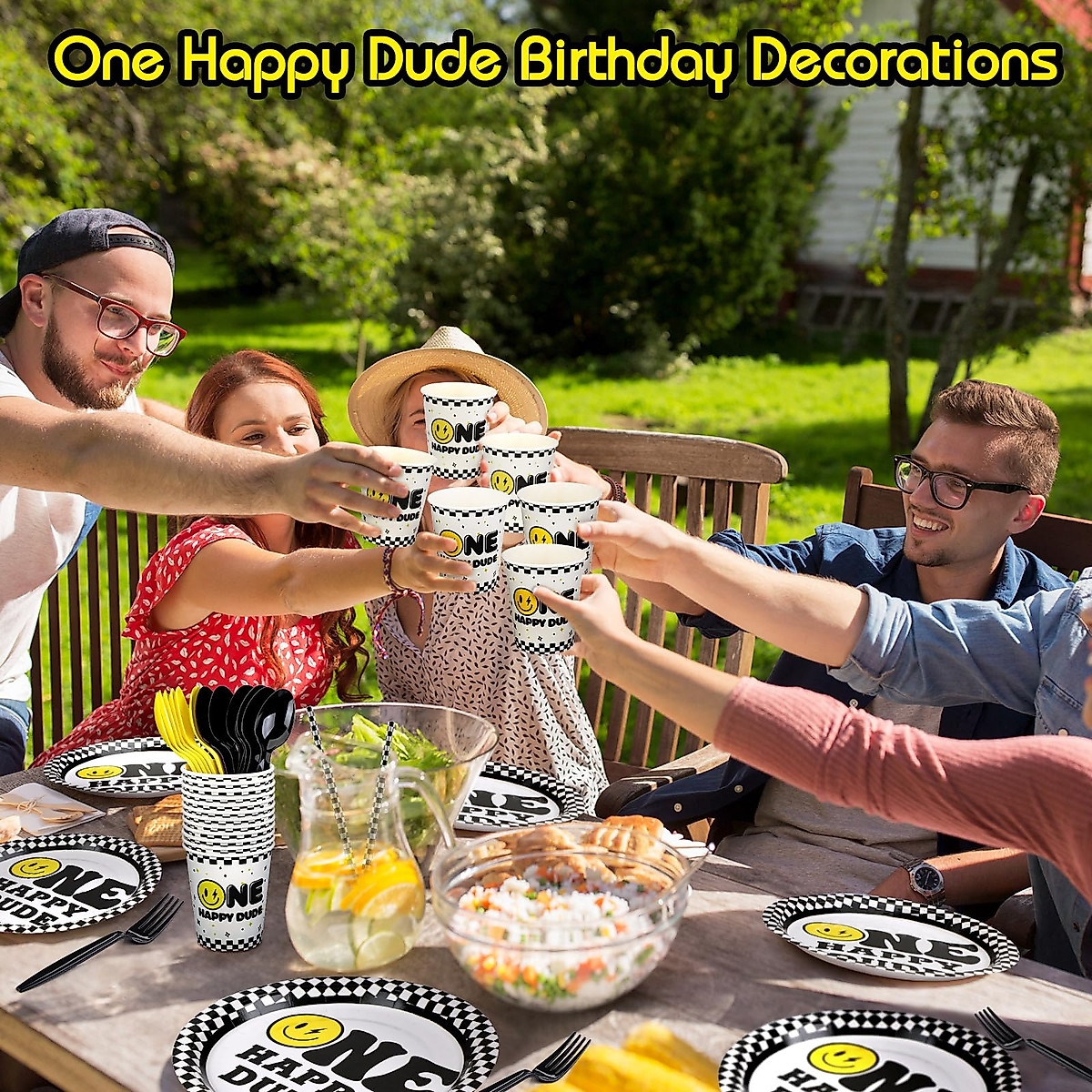 Norme 344 Pcs One Happy Dude Birthday Decorations Smile Face Party Tableware Serve 24 Guests, Include 7 in 9 in Paper Plates Disposable Knife Fork Spoon Napkins Cup Straw for 1st Birthday Baby Shower