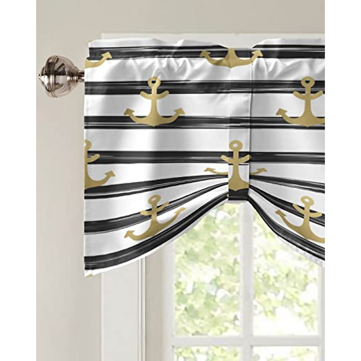 Tie Up Valance for Kitchen Windows, Nautical Theme Gold Anchor Tie-up Curtain Shade Valances 54x18In 1 Panel Rod Pocket Short Curtains Window Treatment for Living Room Home Decor Black White Stripes