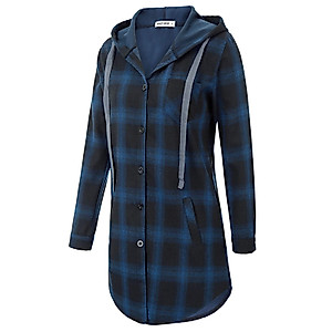 GRACE KARIN Womens's Long Sleeve Plaid Shirts Flannels Cotton Check Hooded Shirt S Blue
