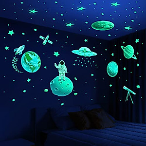 Glow in The Dark Stars for Ceiling, Solar System Wall Stickers for Kids, Planet Wall Decals, Glowing Stars, Space Decor for Boys Room, Galaxy Astronaut Rocket Spacecraft Alien Decoration