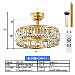 KOKAiZeeKi Gold Crystal Caged Ceiling Fans with Light, 18" Bladeless Ceiling Fan with Remote Control, 6 Speed Low Profile Enclosed Ceiling Fan with Reversible Motor for Bedroom Kitchen Living Room