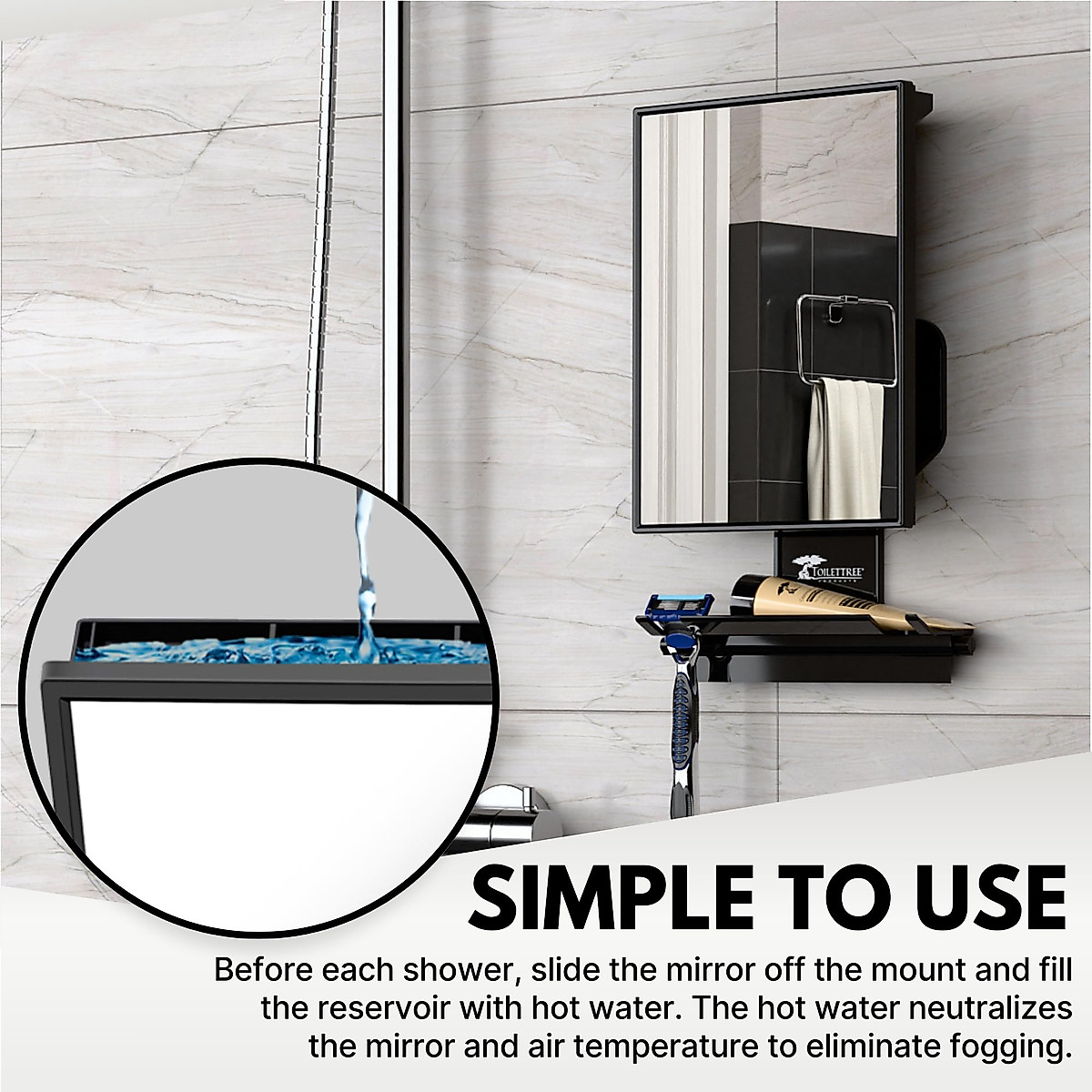 ToiletTree Products Deluxe Larger Fogless Shower Shaving Mirror with Squeegee, Large, Black