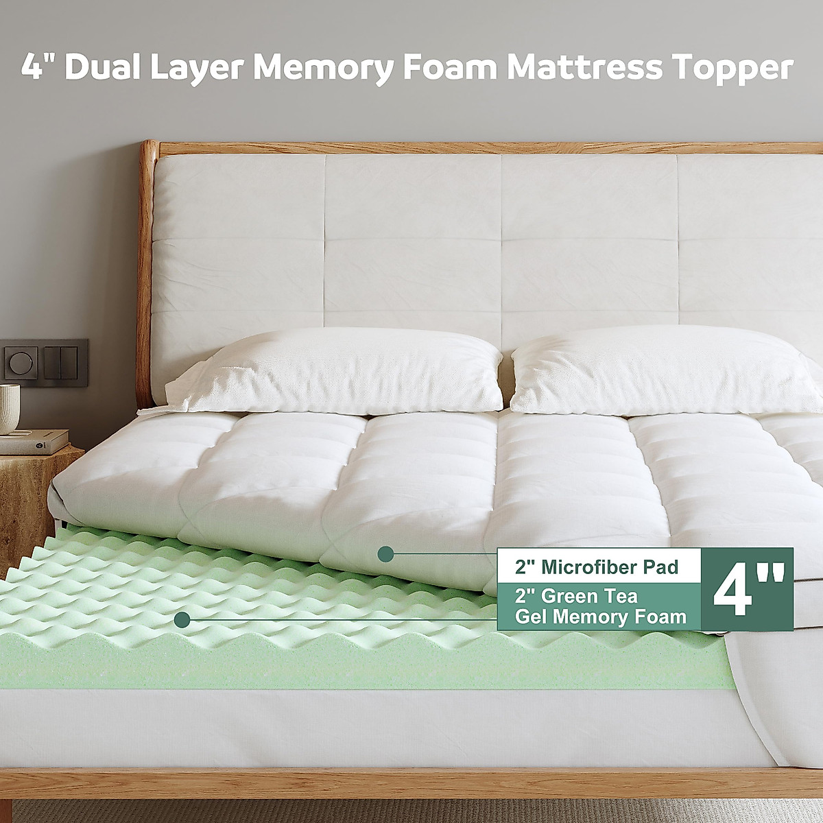 Lazyzizi Memory Foam Mattress Topper Queen, 4inch Dual Layer Cooling 2''Gel Green Tea Memory Foam & 2" Pillow Top Mattress Pad, 8-21inch Deep Pocket, Egg Crate for Back Pain Relief