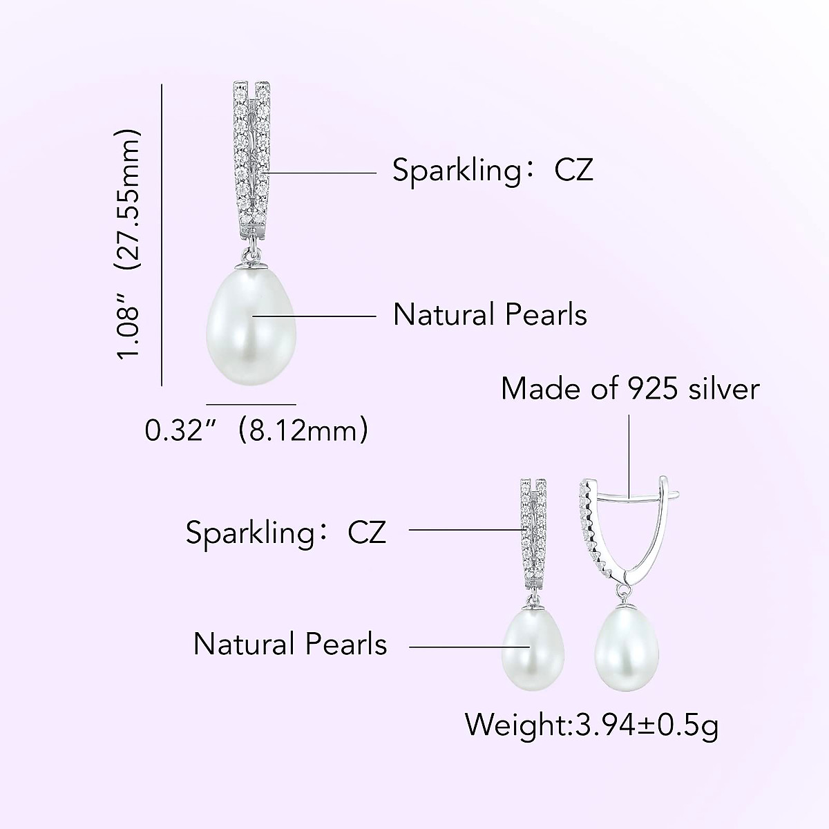 Jupiter Natural Pearl Silver Earrings - 925 Sterling Silver Genuine Pearl Women's Stud Earrings, Natural Pearl Cubic Zirconia Fashion Drop Earrings Jewelry