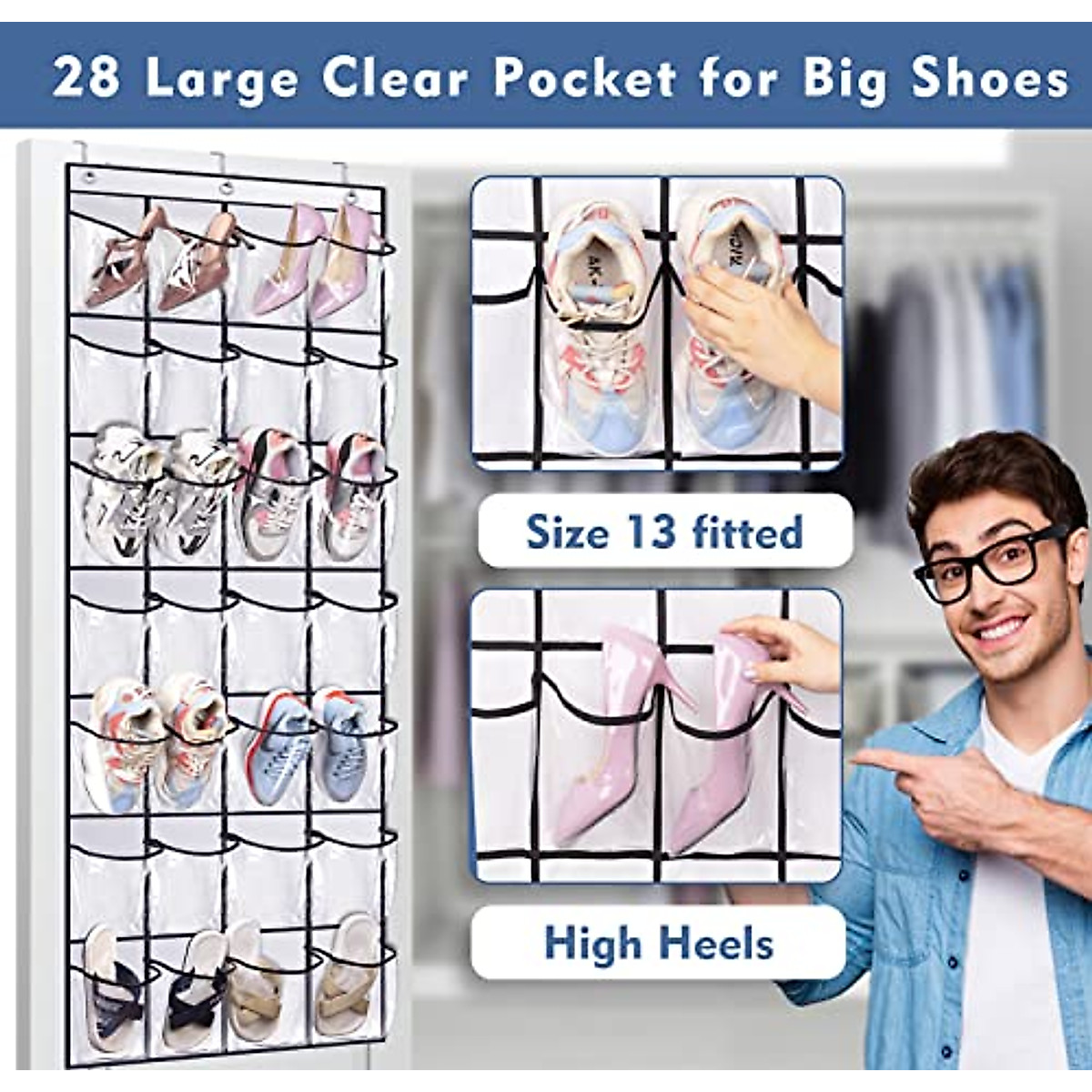 KEETDY 28 Large Clear Over The Door Shoe Rack with Crystal Pockets Hanging Shoe Organizer Storage Shoe Holder for Closet Hanger, White