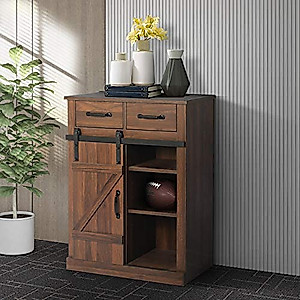 Wood Wall Storage Cabinet with Sliding Barn Door, Accent Kitchen Sideboard Coffee Bar, 2 Drawers, 5 Adjustable Shelves, for Kitchen, Living Room, Bedroom, Industrial, Rustic Brown (Dark Brown)