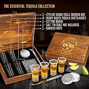 Atterstone Tequila Shot Glass Sugar Skull Wooden Box Set for Men and Women - 4 Premium Shot Glasses, Garnish Knife, Lime Cutting Stone, Salt Tin, Perfect for Themed Parties