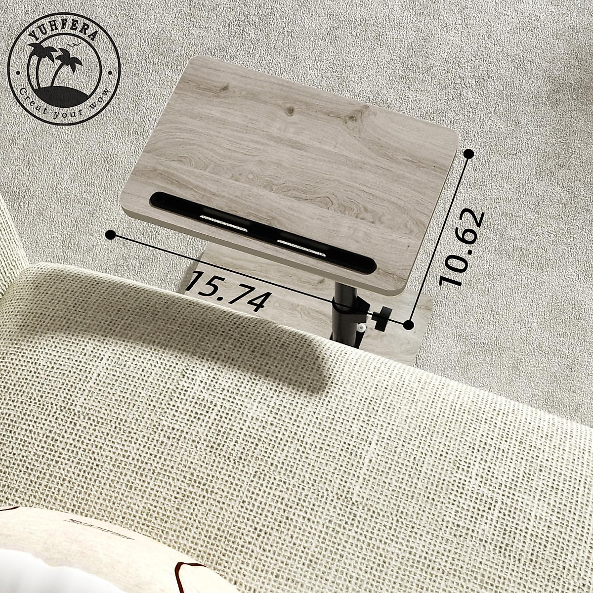 YUHFERA Sofa Armrest Tray Table for Couch - 360° Swivel Height Adjustable End for Small Spaces, Snack Side Table for Bed or Chair with Phone & Tablet Slot (Gray,Standard)