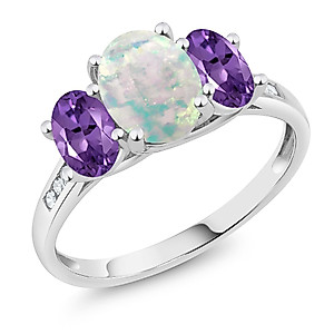 Gem Stone King 10K White Gold White Simulated Opal Purple Amethyst and White Diamond Oval 3-Stone Engagement Ring For Women (1.75 Cttw, Available In Size 5, 6, 7, 8, 9)