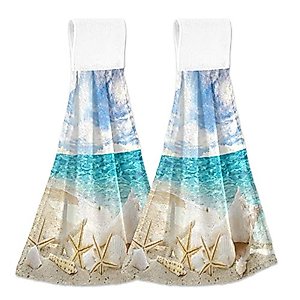 KOCOART Seashells Coastal Kitchen Hand Towels with Loop Starfish Tropical Beach Shore Hanging Tie Towel Set of 2, Soft Absorbent Washcloth Dish Fingertip Towel for Bathroom 12x17 in