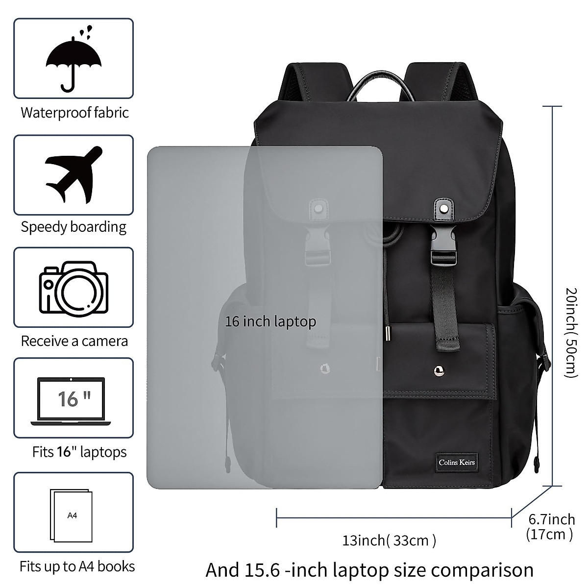 Colins Keirs Laptop Backpack 17 Inch. Drawstring Anti-theft Waterproof Tech Backpack with Laptop Compartment, Black 30L