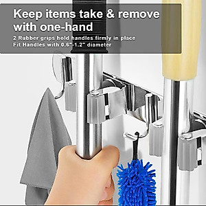 Zilvoran Mop And Broom Holder Wall Mount, Stainless Steel Mop Holder With Hooks, Brooms And Mops Tool Organizer For Closet Laundry Utility Room Garage (3 Racks & 4 Hooks)