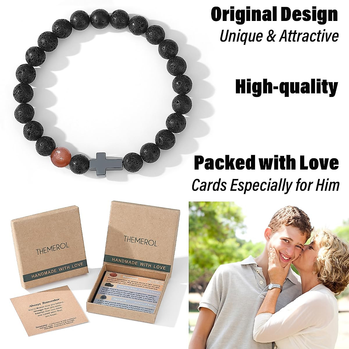 THEMEROL Easter Basket Stuffers Teen Boy Gifts Kids Cross Bracelet for Men Confirmation Black Beaded Christian Teenage 13 Year Old Boy Gifts Ideas Birthday Christmas Day Stocking Valentines