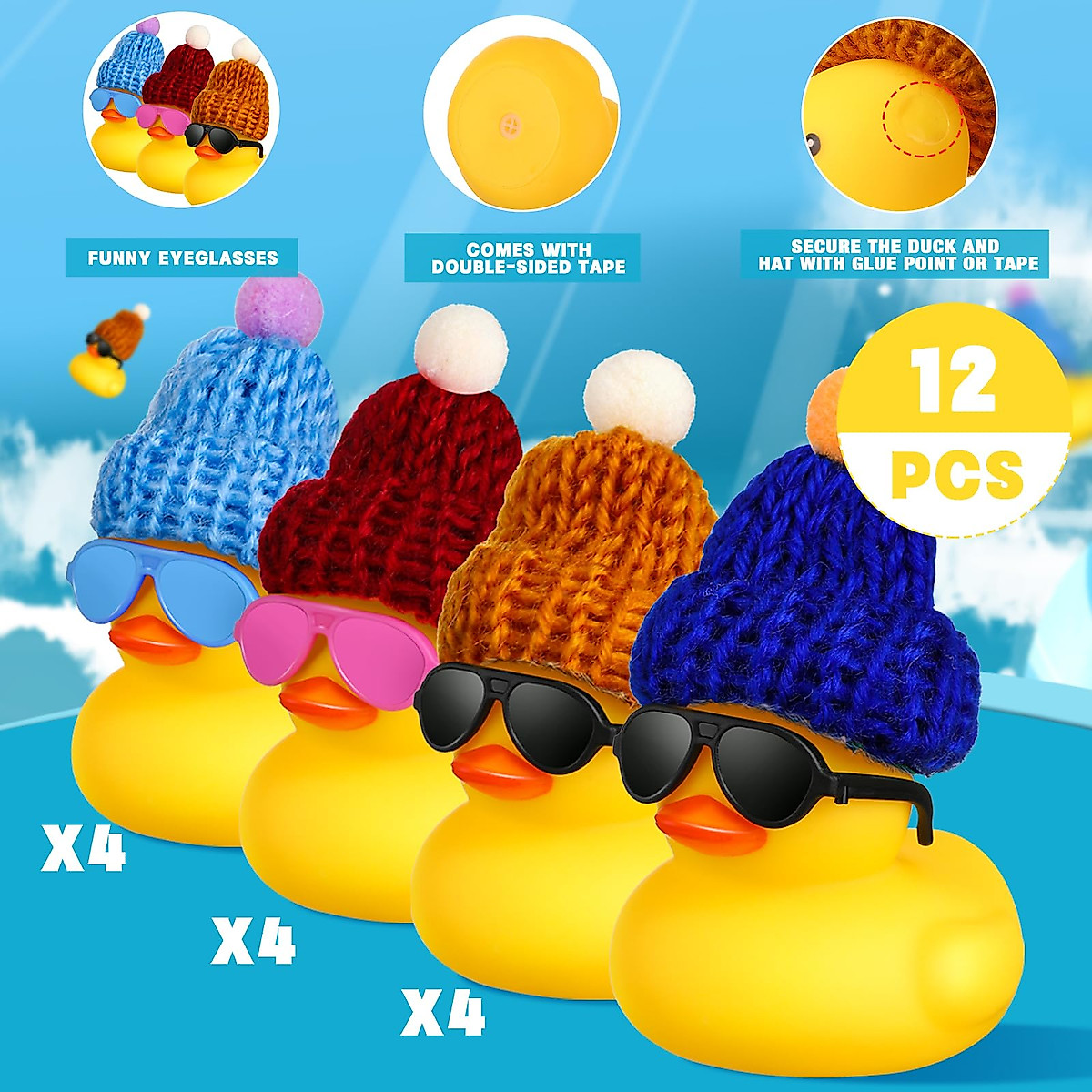Chivao 12 Pcs Mini Rubber Ducks with Sunglasses/ Glasses and Hats/ Necklace, Cruise Rubber Ducks in Bulk Valentine‘s Day Gift Small Bathtub Toy for Hiding Party Favor(Lovely Style,Yellow)