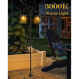 Solar Outdoor Floor Lamp with 2 Hanging Lanterns JACKYLED Solar Landscape Floor Lamp with Shepherd Hook Pole 61'' Tall, IP65 Waterproof Metal Solar Outdoor Lights for Garden Patio Porch Deck Yard Path