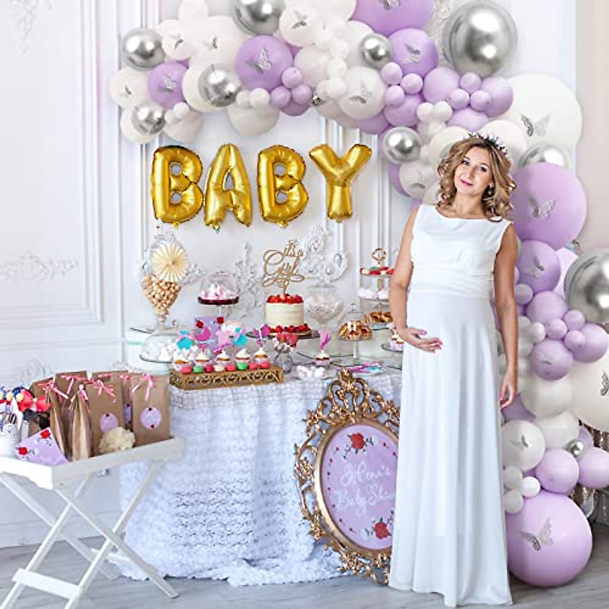 Lavender and Silver Balloon Garland Kit - BLOOMWIN Butterfly Theme Purple Balloon Arch Kit for Girl Baby Shower Women Bridal Shower Party Decorations - Purple and Silver Decorations for Birthday Party