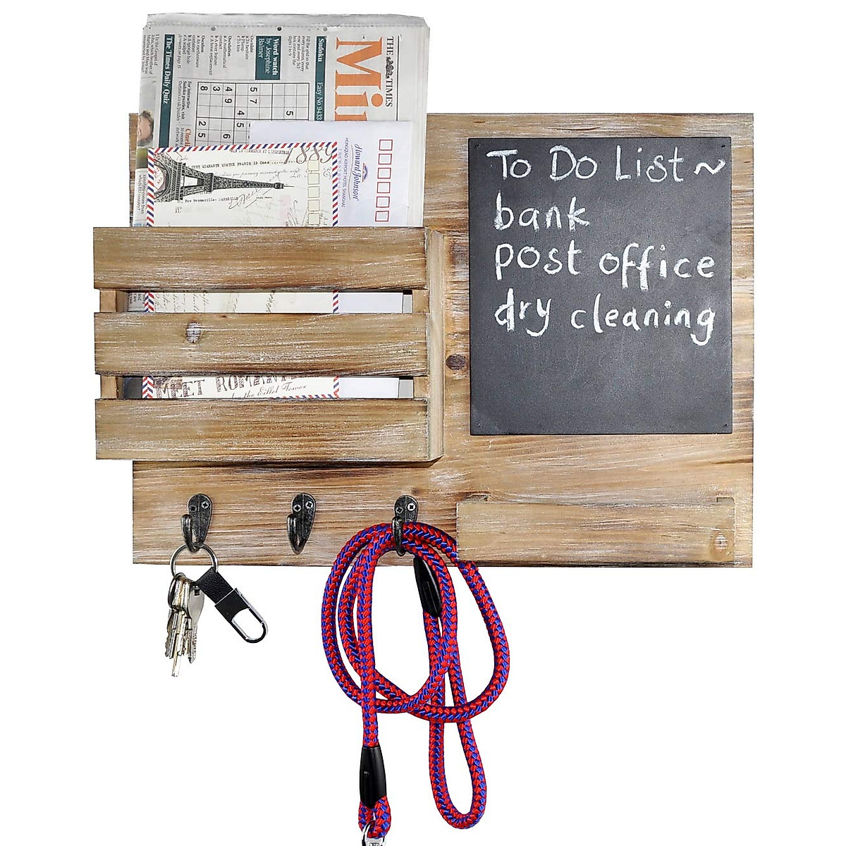 DUCIHBA Key Hooks Holder, Entryway Mail Sorter Envelope Organizer Chalkboard, Leash Purse Hanging Rack, Home Decorative Wall Floating Shelf, 16.5” W x 12" H x 4” D, Rustic Wood Grey