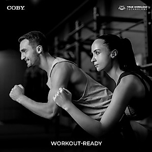 Coby Pro Fitness True Wireless Earbuds w/Charging Case | Sweat Resistant, Noise-Isolation, Auto-Pair, HD Audio, 15-HR Play Bluetooth Fitness Buds | Siri, Google Compatible, Hands-Free Calls (Black)