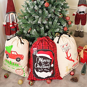 JOYIN 3 Santa Sacks Christmas Canvas Burlap Gift Bags Personalized Storage with Drawstring for Extra Large Xmas Stuffers Presents Bags, Party Favor Decorations