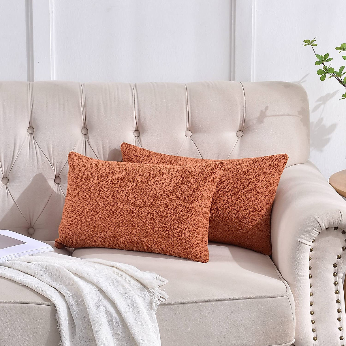 Rythome Set of 2 Cozy Boucle-Like Textured Throw Pillow Covers, Decorative Elegant Lumbar Pillow Cases for Couch Bed and Living Room - 12"x20", Terracotta