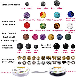 EuTengHao 810Pcs Color Lava Rock Beads Stone Chakra Beads Spacer Beads Kit with Volcanic Gemstone Crystal String for Diffuser Essential Oils Yoga Bracelets DIY Jewelry Making Supplies (4mm 6mm 8mm)