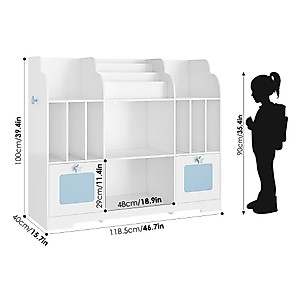 FACBOTALL Kids Bookshelf with 2 Drawers, 3 Tier Wooden Toy Storage Organizer, Wavy-Patterned Toy Box for Boys & Girls, Toddler Book Shelf for Kids Rooms, Nursery, Playroom, Living Room, White & Blue