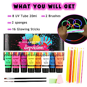 Depvision Glow in the Dark UV Face and Body Paint 8 x 20 ml (0.68 fl oz) Neon Blacklight Reactive Fluorescent for Christmas Halloween Party Non-toxic