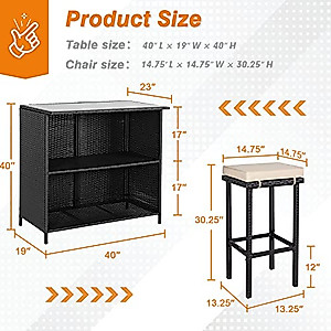Patiomore 3-Piece Patio Outdoor Bar Set with Two Stools and Glass Top Table Patio Brown Wicker Furniture with Removable Cushions for Backyards, Porches, Gardens or Poolside